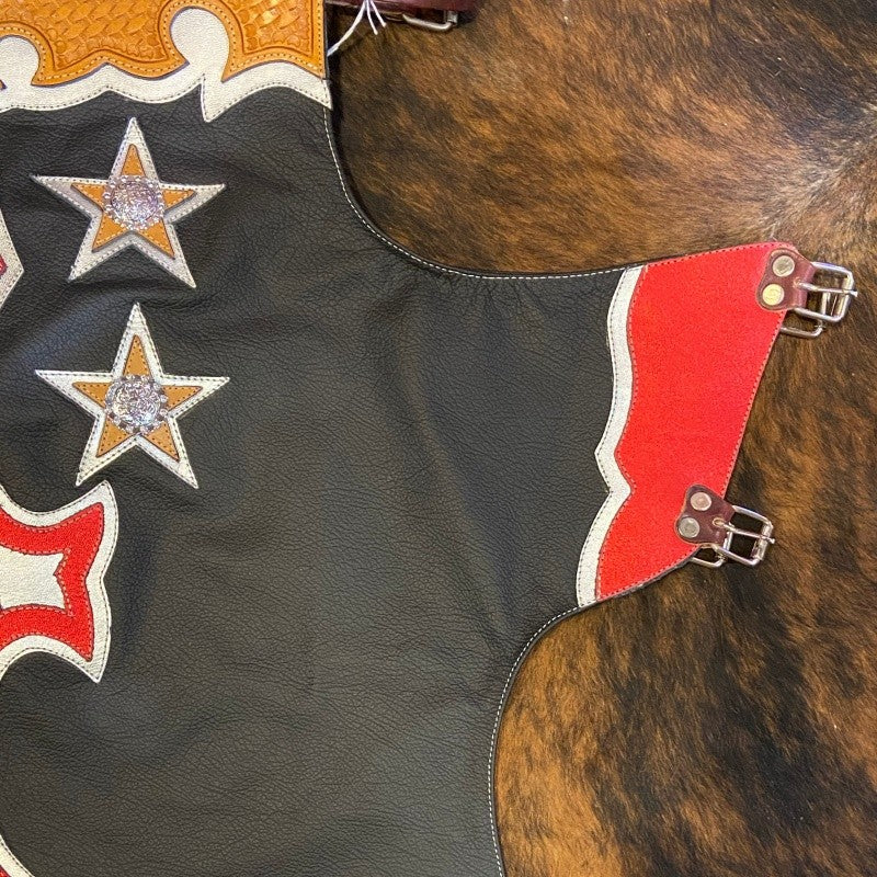 Jerry Beagley Black and Red Chaps Medium Youth – texasgoldminors